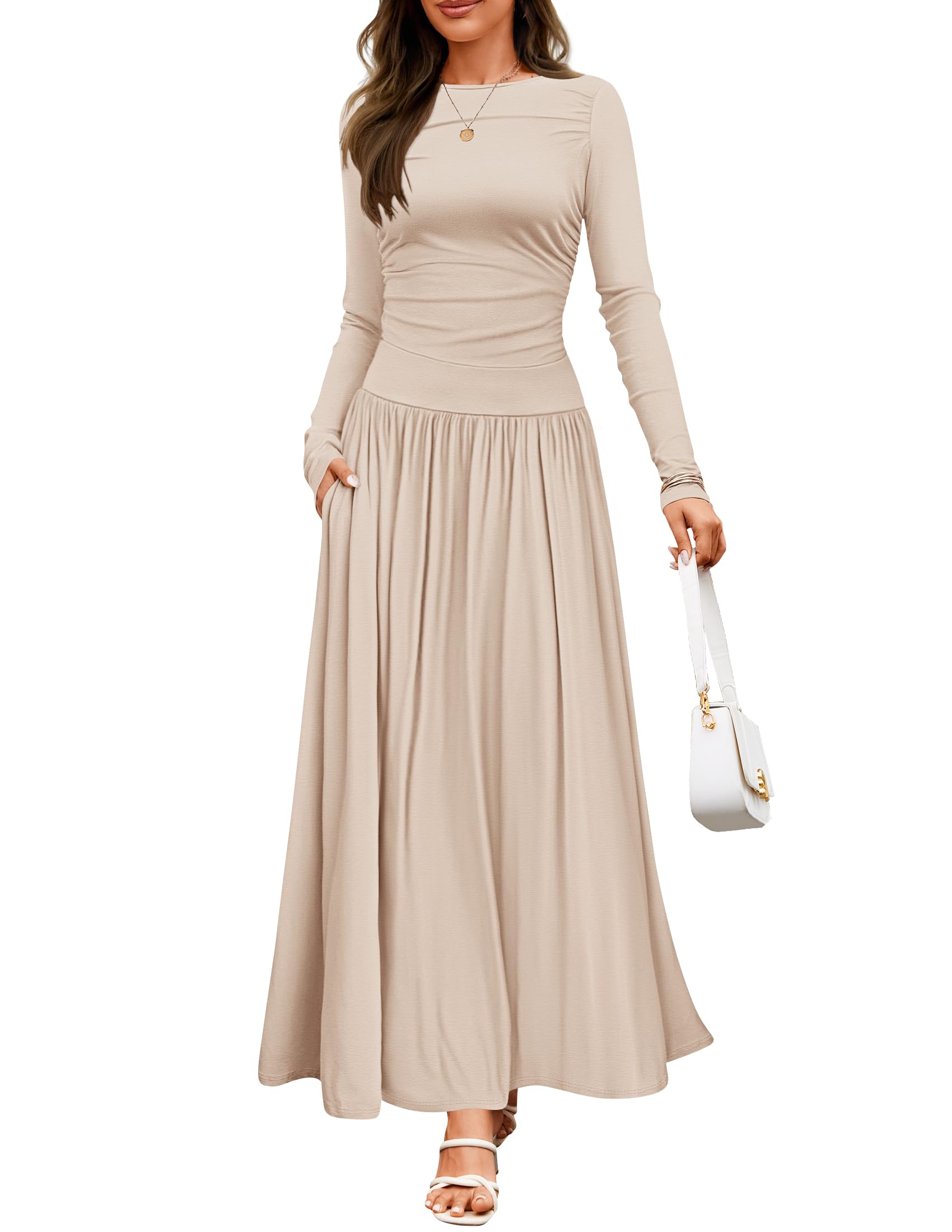 ZESICA Women's Long Sleeve Spring Maxi Dress 2025 Crewneck Knit Casual ...