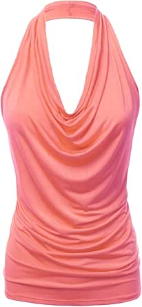 FASHIONOLIC Women's Halter Neck Front Draped Backless Tank Top Made in ...