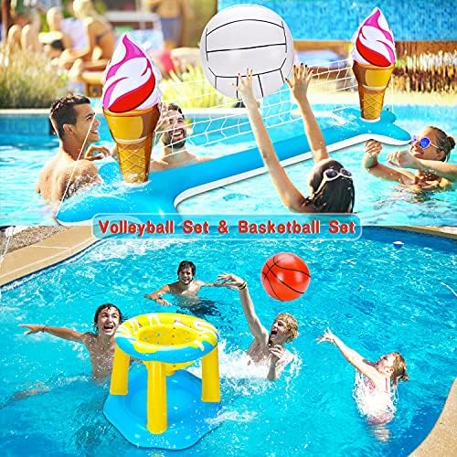 Inflatable Pool Volleyball Net Set Basketball Hoop with 2 Balls Large ...