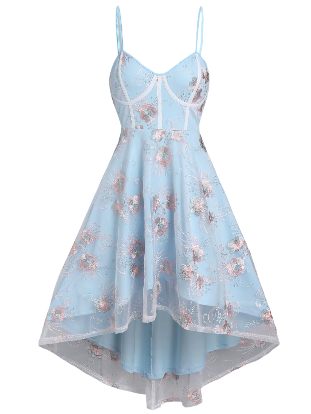 DRESSFO Women's Flower Embroidered Mesh Overlay High Low Dress Summer ...