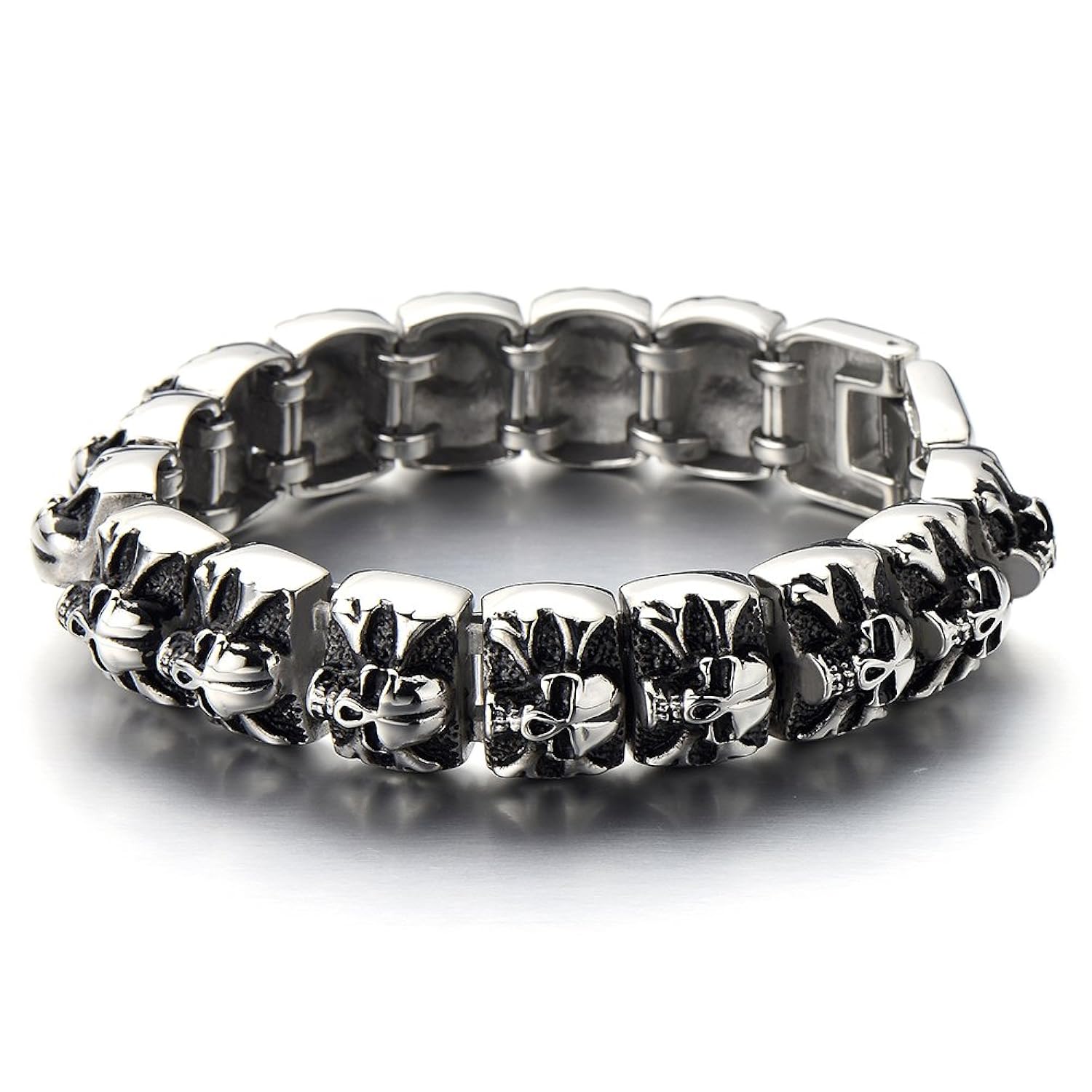 Heavy and Study Mens Stainless Steel Biker Skull Bracelet Silver Black ...