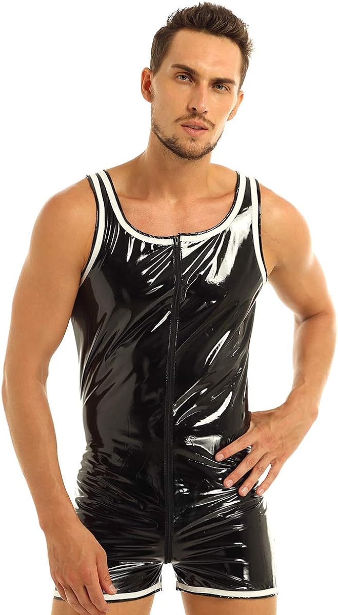iEFiEL Men's PVC Leather One Piece Sleeveless Zipper Boxer Briefs ...