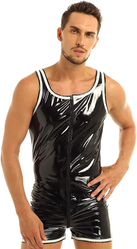 iEFiEL Men's PVC Leather One Piece Sleeveless Zipper Boxer Briefs ...
