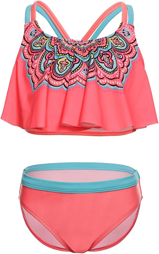 Amazon.com: Two Piece Swimwear for Girls, Ruffle Bathing Suit Floral ...