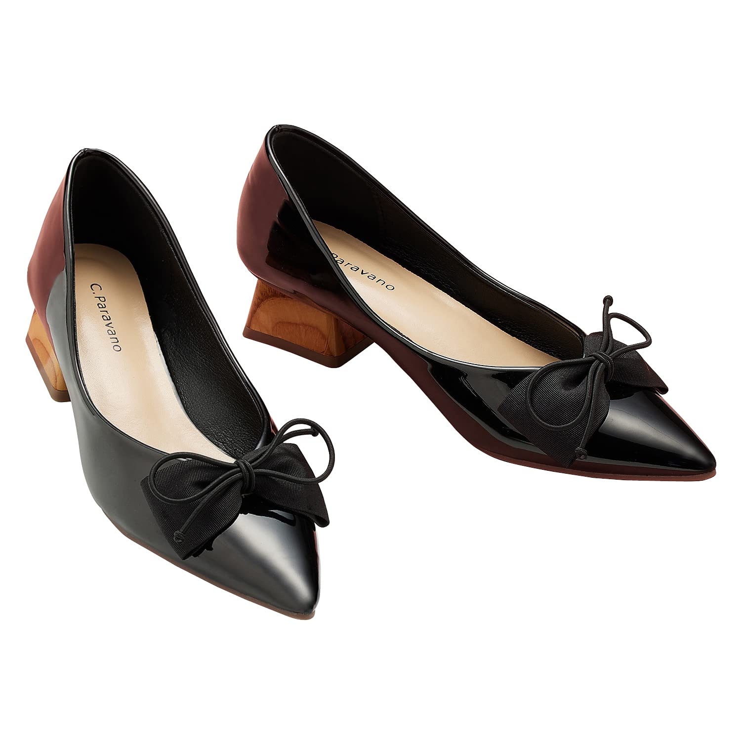 C.Paravano Women's Pumps Black I Wooden Heel Pumps I Flat Shoes for ...