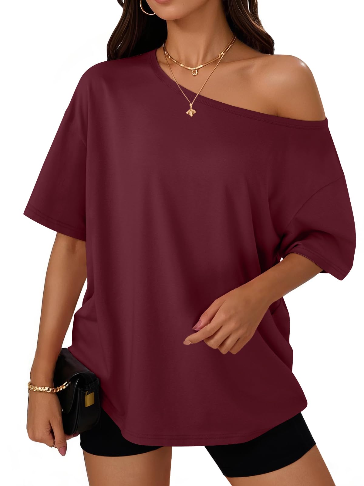 Trendy Queen Womens Off The Shoulder Tops Oversized T-Shirts Short ...