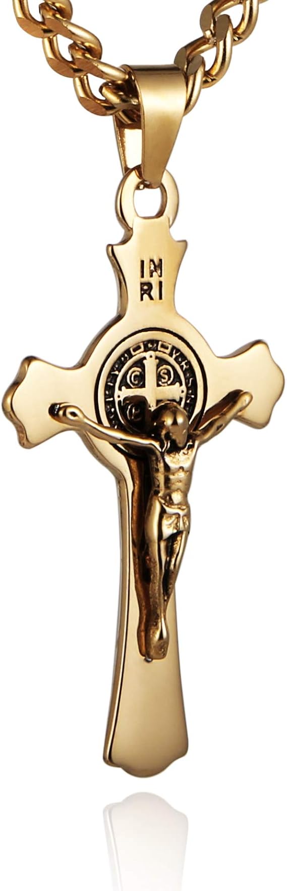 HZMAN Religion Stainless Steel Saint St St. Benedict Crucifix Cross Pendants Necklace INRI ...