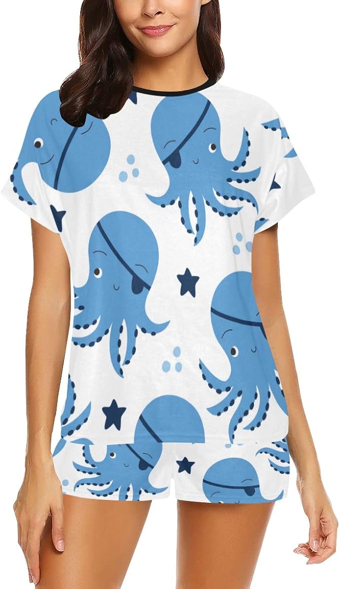Women's Casual Pajamas Set, Octopus Pattern Short Sleeve Pajamas ...