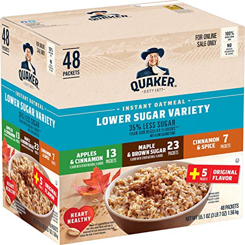Quaker Instant Oatmeal, Lower Sugar, Variety Pack, Breakfast Cereal, 48 ...