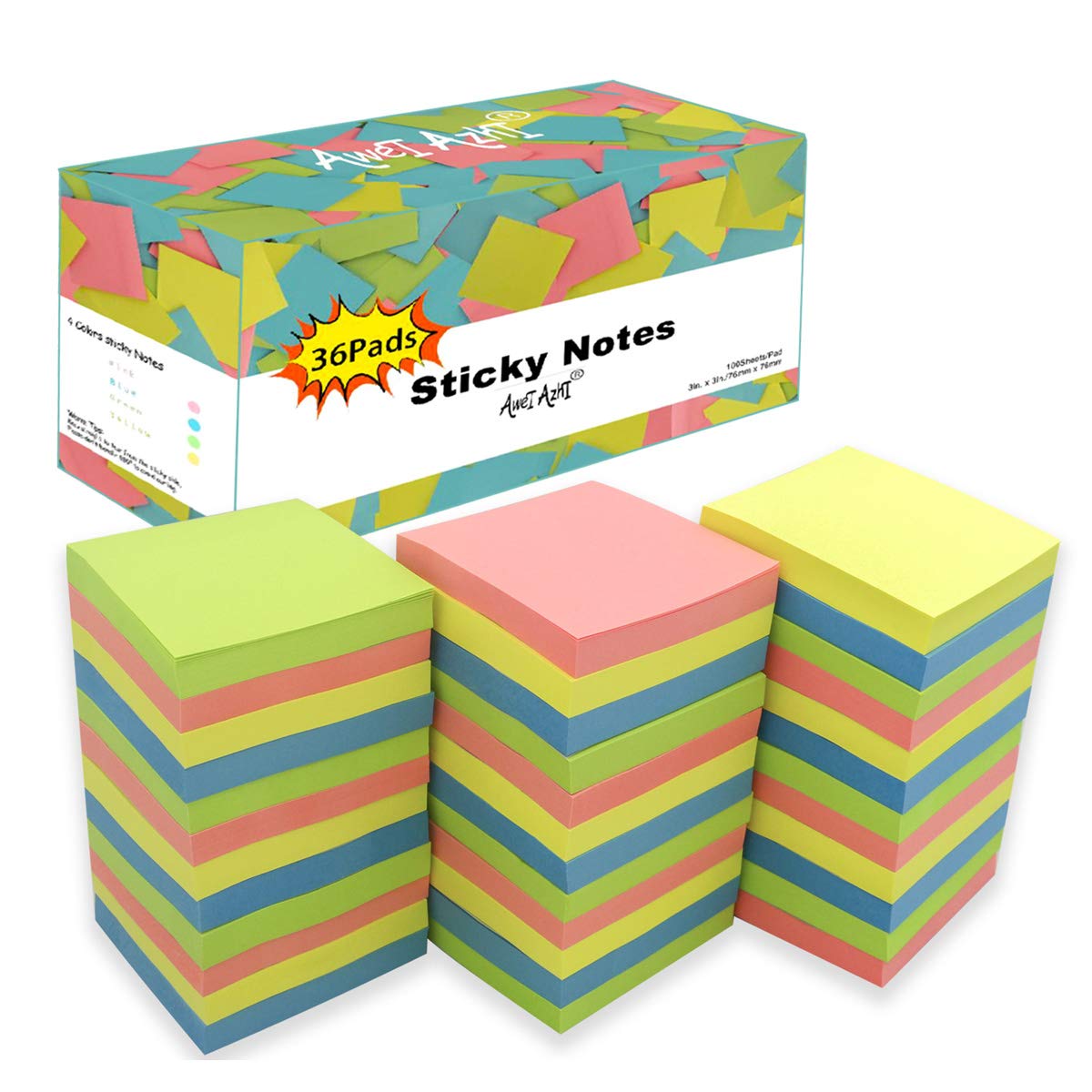 Sticky Notes 3x3, Self-Stick Notes, 36 Pads, 100 Sheets/Pad, Assorted ...