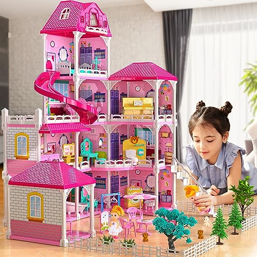 TEMI Dream Doll House Pink Girl Toys - 4 Stories 10 Rooms Dollhouse ...