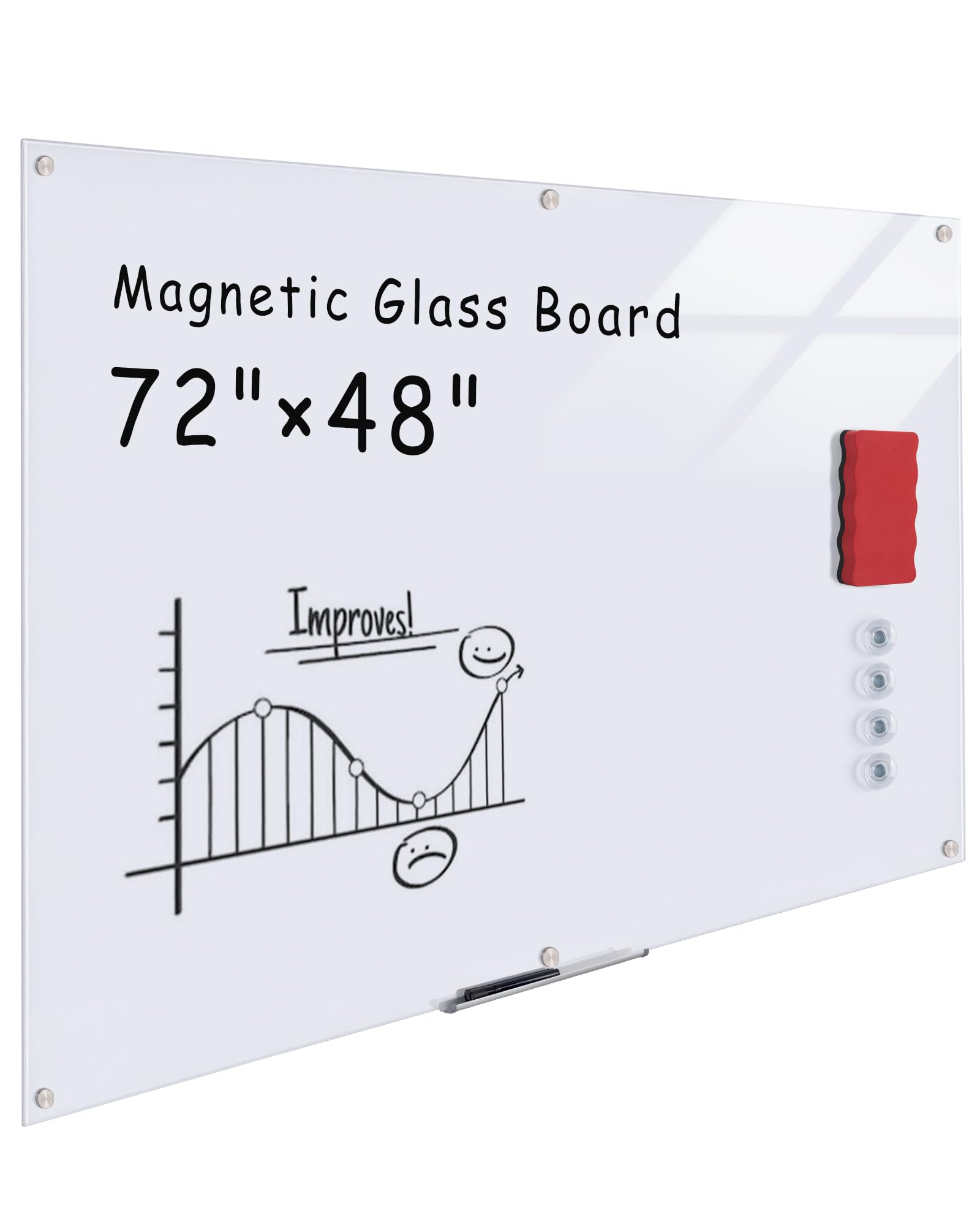 Mifuro Magnetic Glass Whiteboard?72"x48" Wall Mounted Frameless Dry Erase Board for Office, Home ...