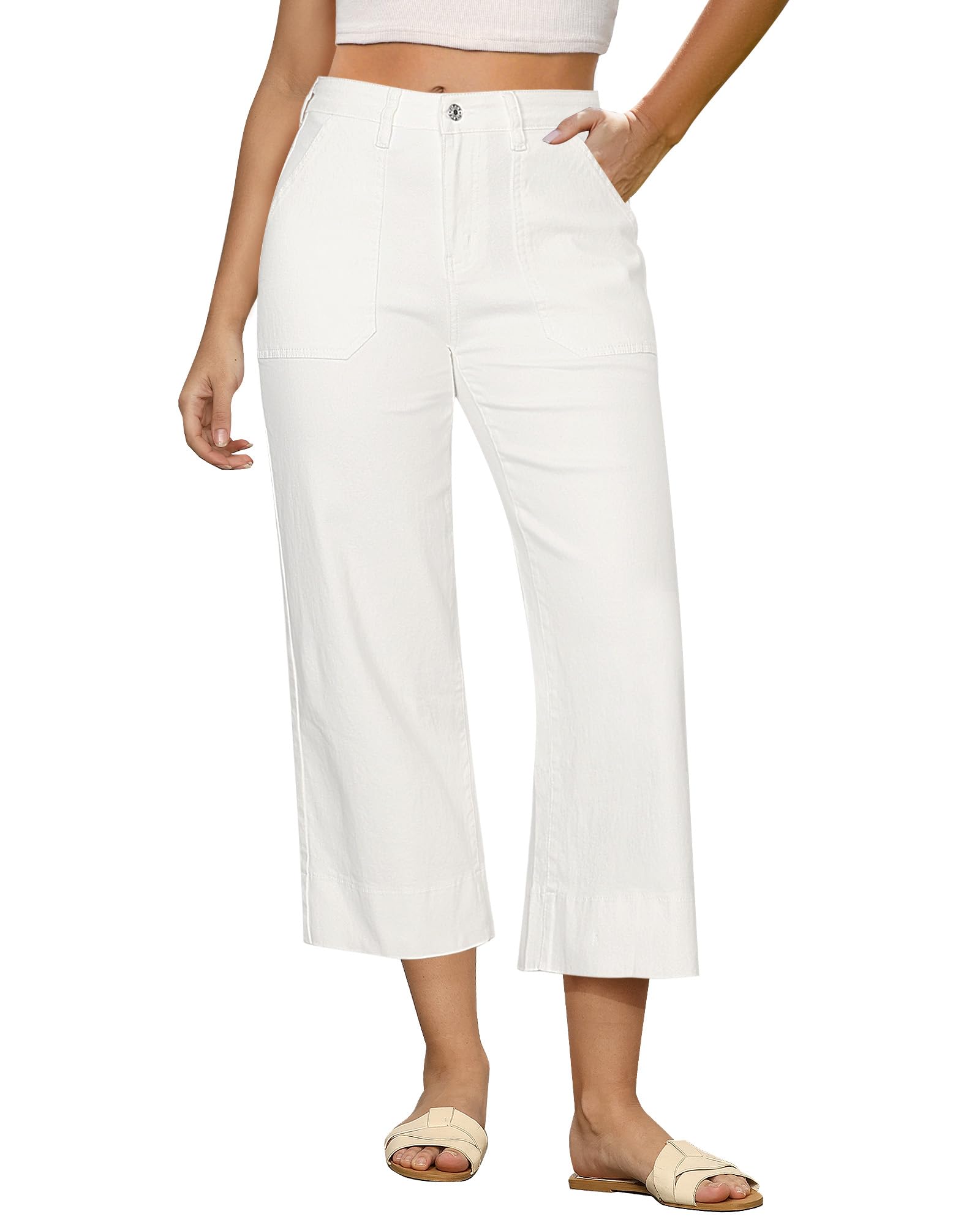 GRAPENT Womens Capri Pants Wide Leg Capri Jeans High Waisted Straight ...