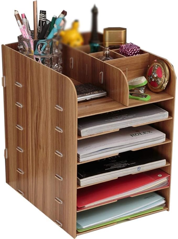 Desk Organizer Wood, 6 Trays Sorter Rack, Wood Desktop Document ...