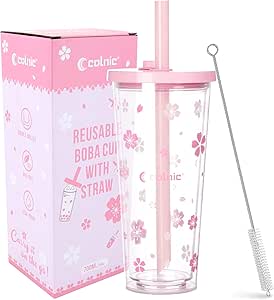 Amazon.com: Reusable Boba Cup With Lids And Straws, 24Oz/700ml Smoothie ...