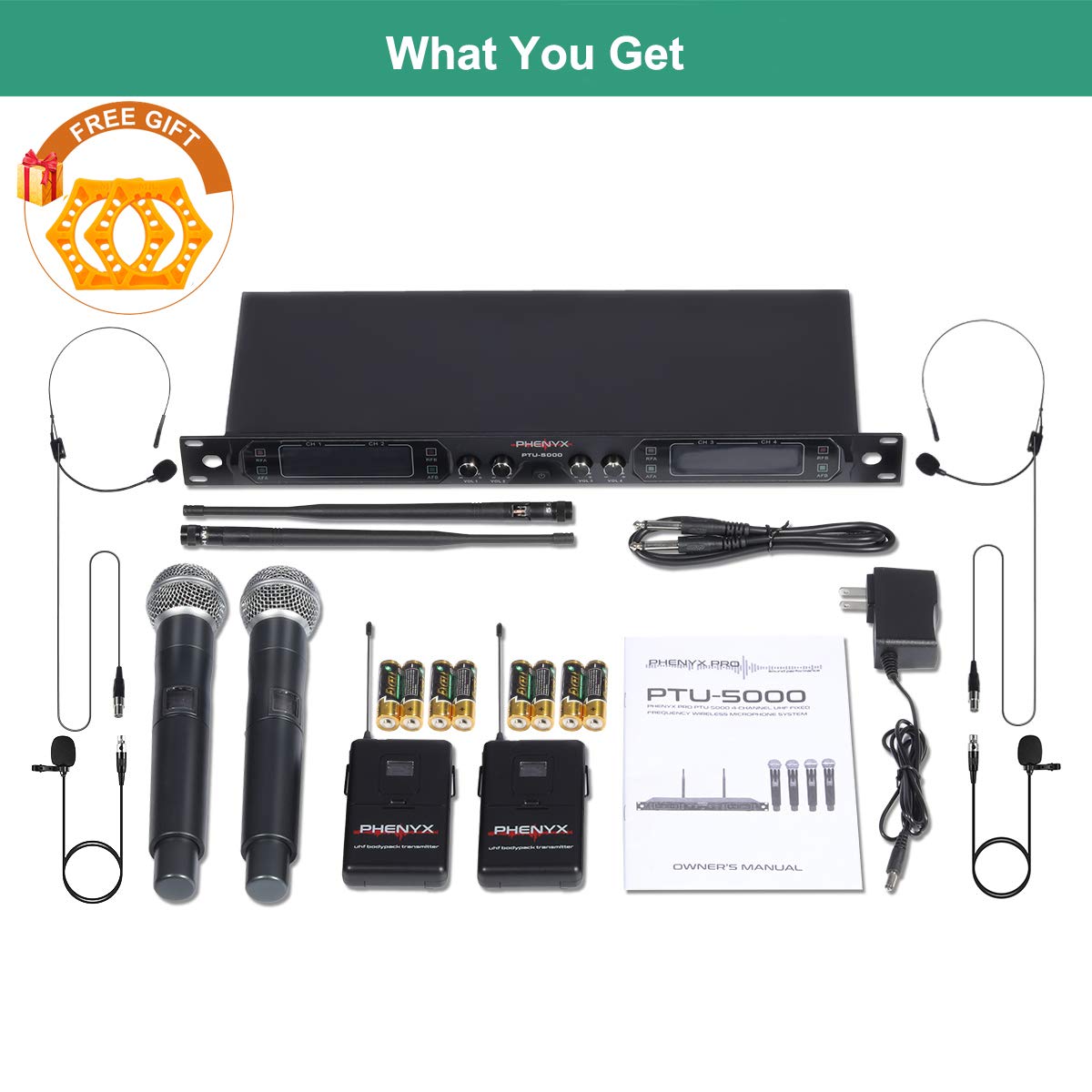Phenyx Pro 4-Channel UHF Wireless Microphone System, Cordless Mic Set with Handheld/Lapel ...