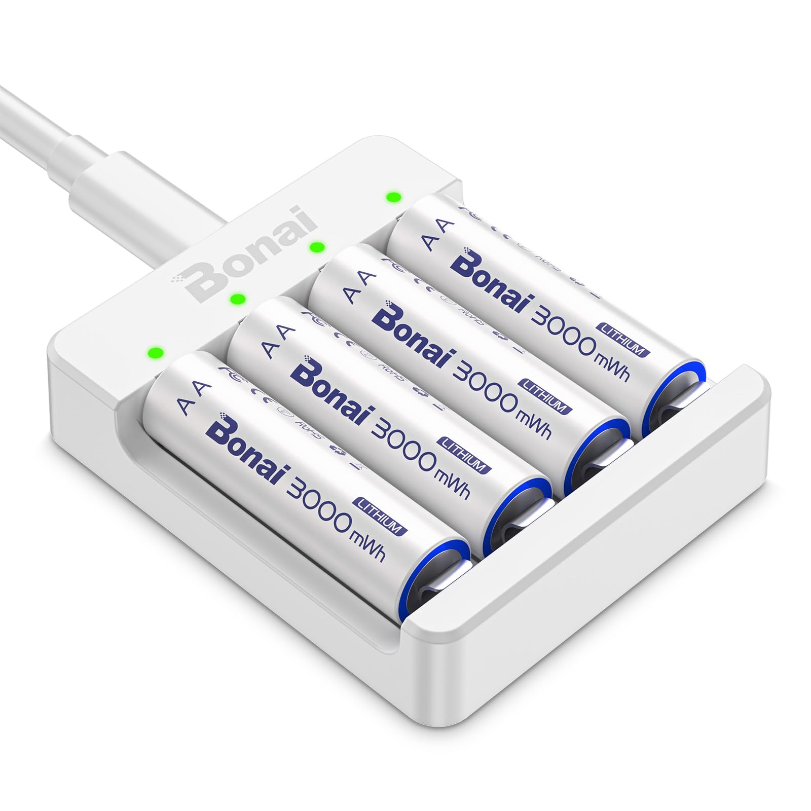 BONAI Rechargeable Lithium AA Batteries with Charger, 1.5V AA Batteries ...