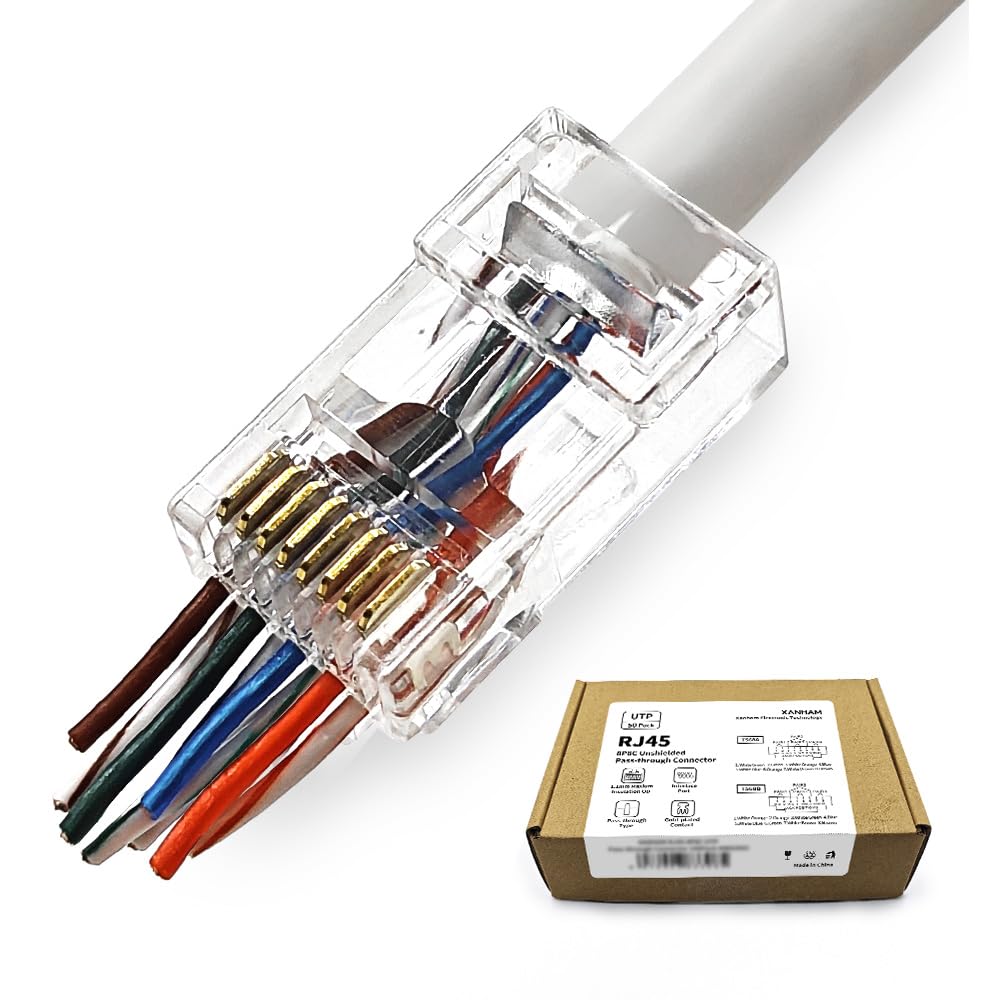 XANHAM 50 Pack Cat 6 RJ45 Connectors Regular Unshield Modular Crimp ...