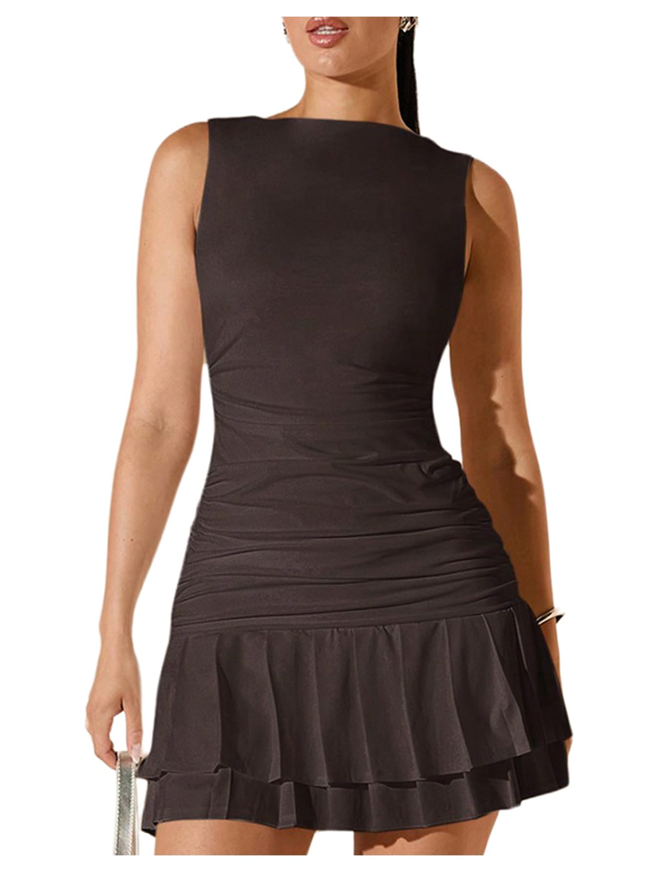 Milumia Women's Tiered Layer Ruched A Line Mini Tank Dress Sleeveless ...