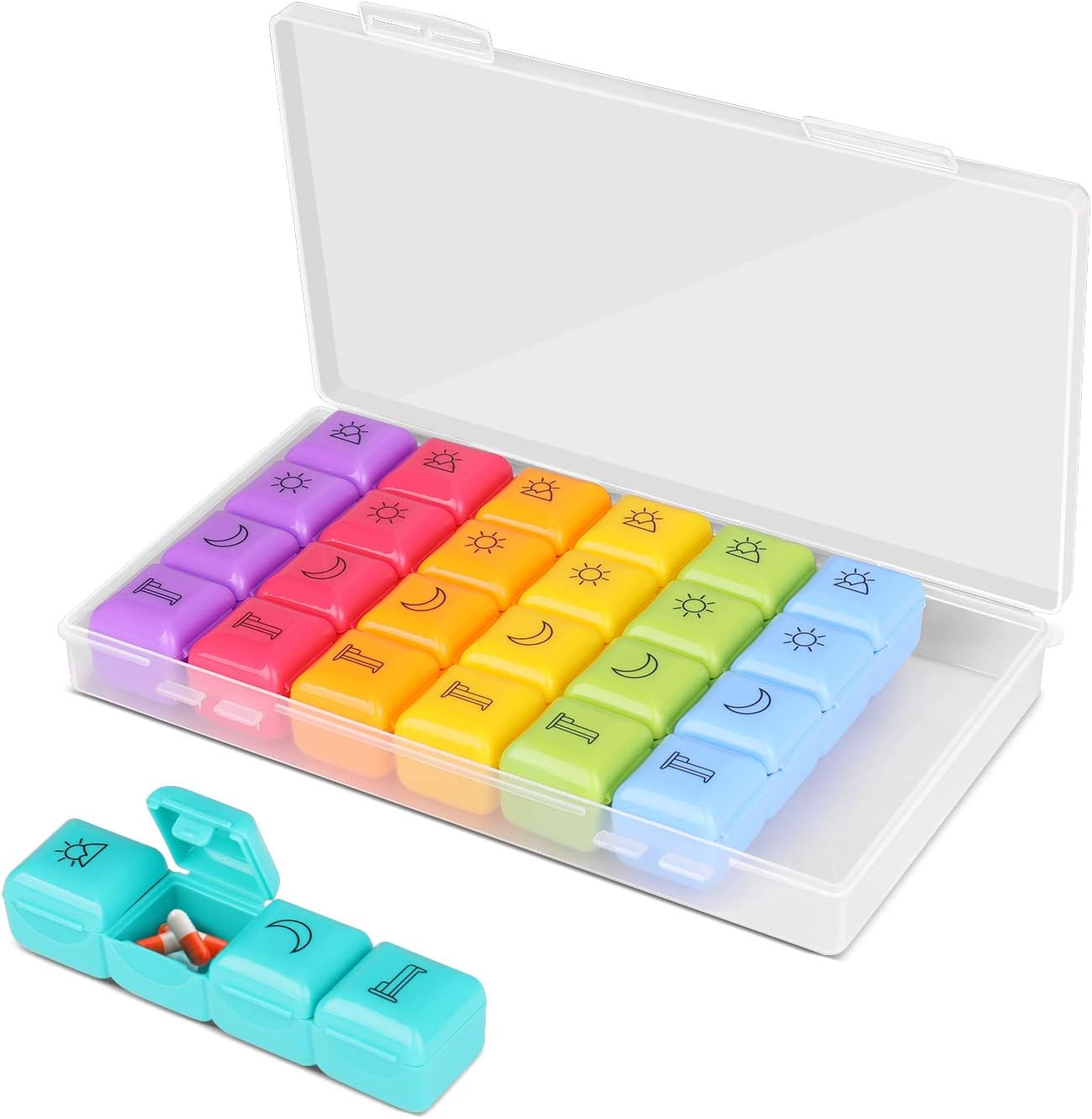 Flexzion AM PM Weekly Pill Organizer Box w/ Sorted Segments, Color ...