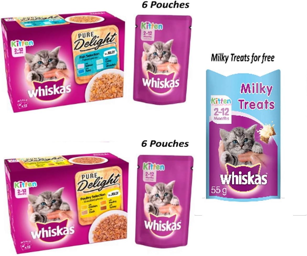 whiskas Kitten 1 Box of Pure Mix Poultry 6 pouches/Fish 6 pouches Milky ...