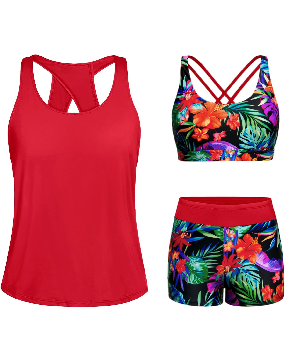 Tempt Me Red Floral 3 Piece Tankini Swimsuits for Women Athletic ...