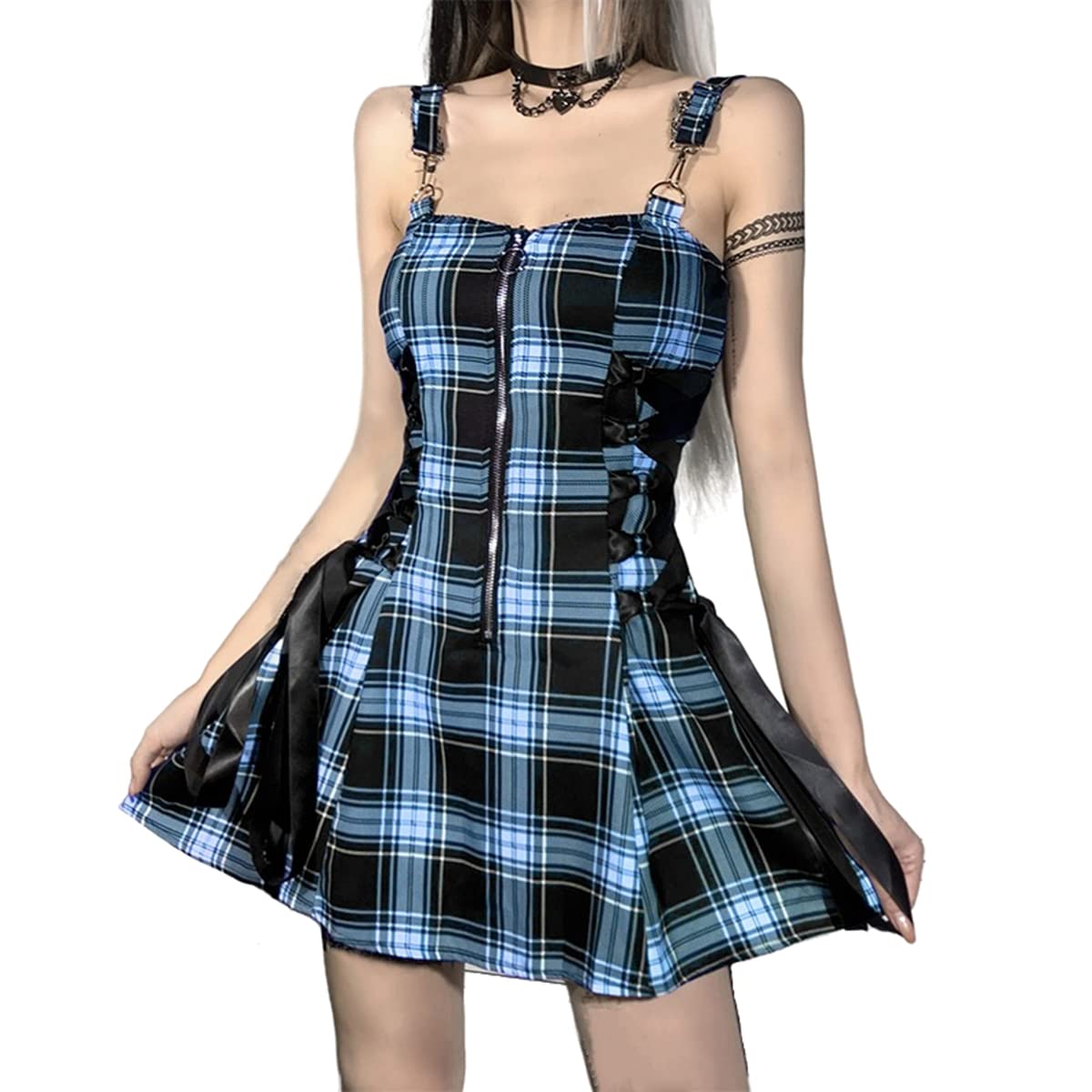Goth Mall Goth Blue Plaid Dress Y2K Emo A-Line Dress Harajuku High ...