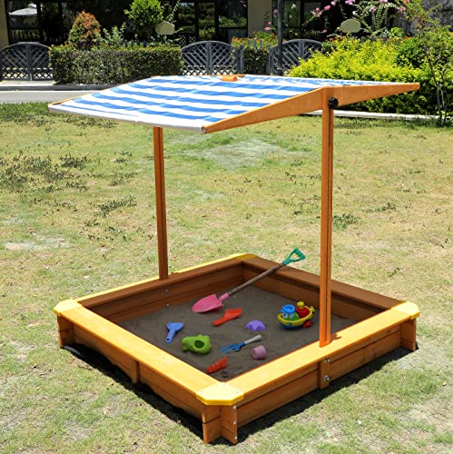 Kids Sandbox with Cover, 46'' Wooden Sand Box w/Adjustable Canopy ...