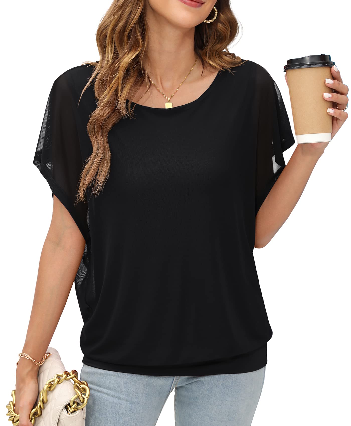 VIISHOW Women's 2023 Summer Casual Double Layered Mesh Blouse Batwing Short Sleeve Lightweight ...