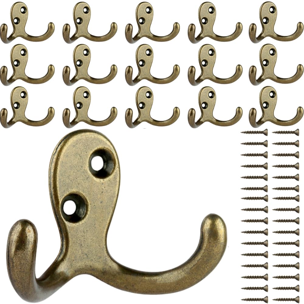 IBosins 16 Pack Heavy Duty Double Prong Coat Hooks Wall Mounted Antique ...