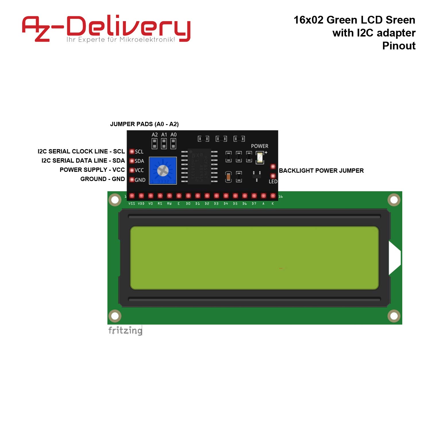 AZDelivery HD44780 1602 16×2 Serial LCD Black Character Green Backlight ...