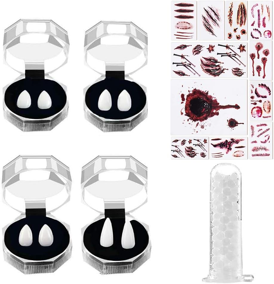 AivaToba 16 Pieces Vampire Fangs Teeth with Halloween Tattoos, 4 Sizes ...