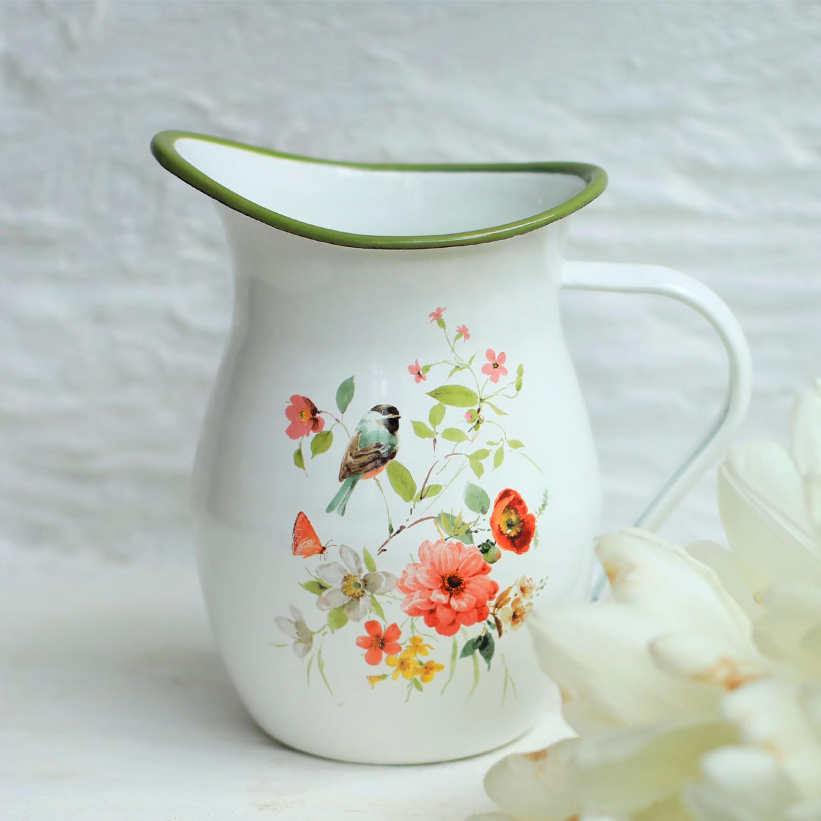 Enamel Pitcher with Wide Handle Vintage Metal Farmhouse Pitcher Vase ...