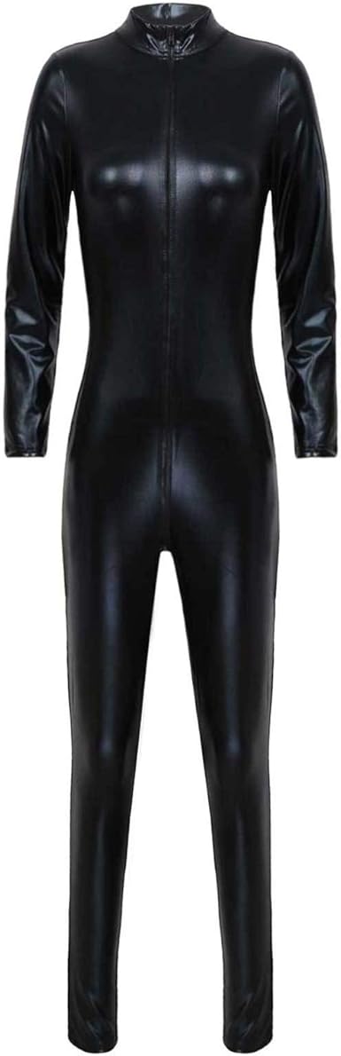 ranrann Damen Einteiler Body Jumpsuit Lack Leder Catsuit Anzug Overall mit Reißverschluss Ouvert ...
