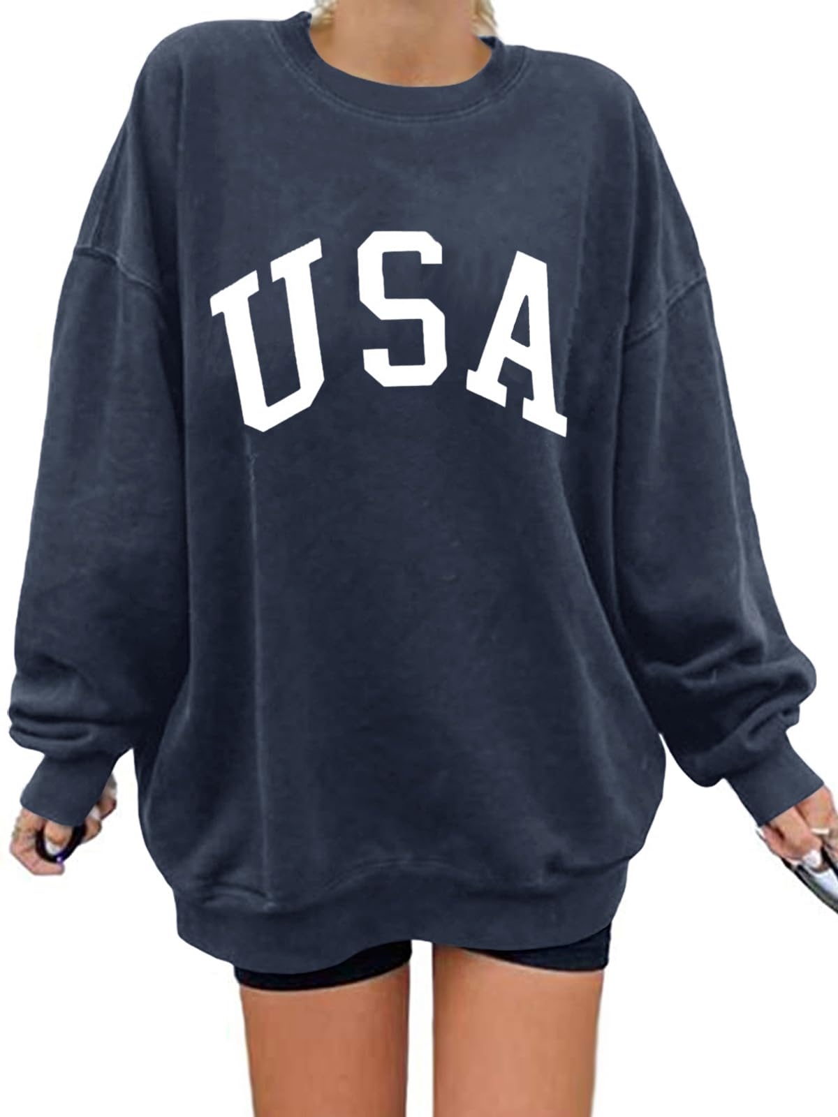 Langwyqu Womens' USA Letter Print Oversized Crewneck Long Sleeve Casual ...