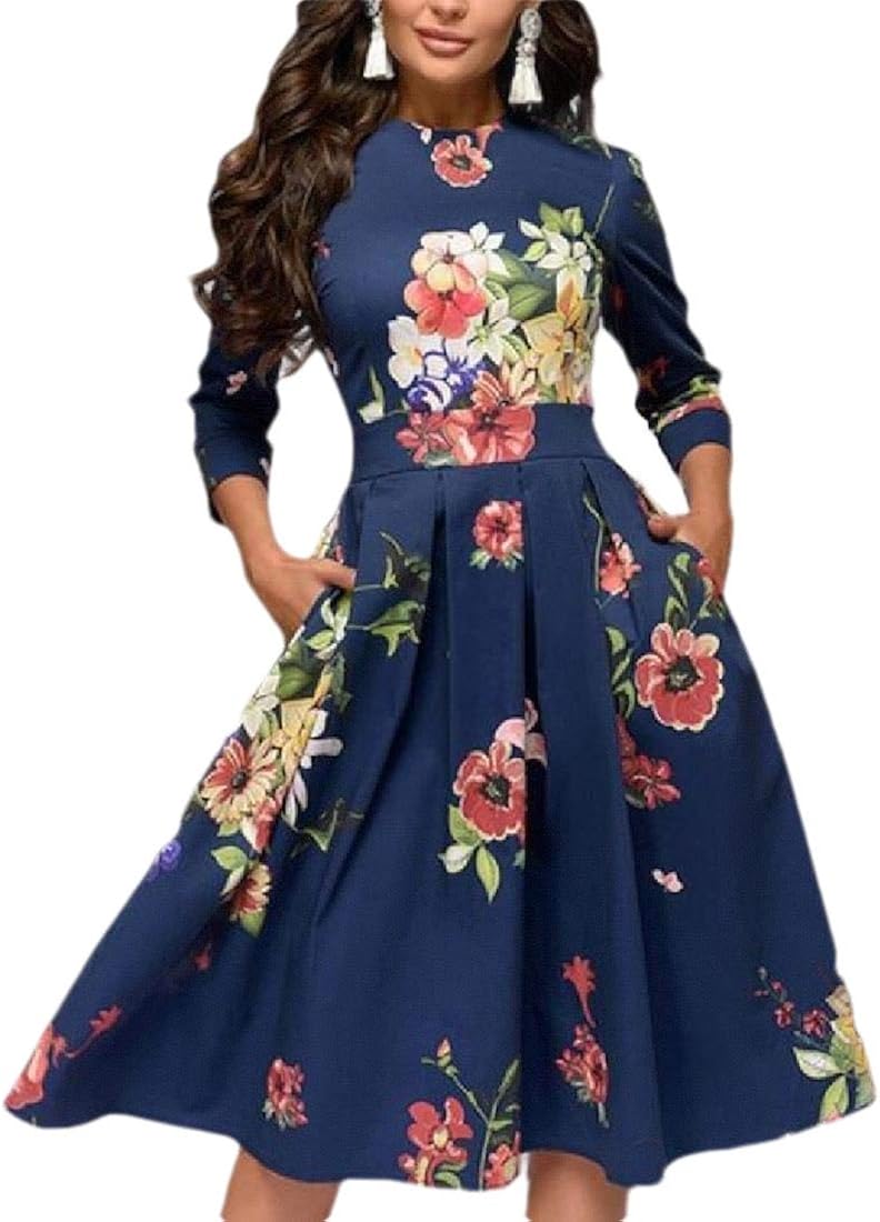 securiuu Damenkleid, langärmelig, Blumenmuster, Lange Ärmel, Swing A ...