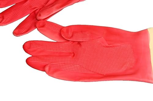 Red Rubber Washing Up Gloves Large Size with Extra Long Flower Printed ...