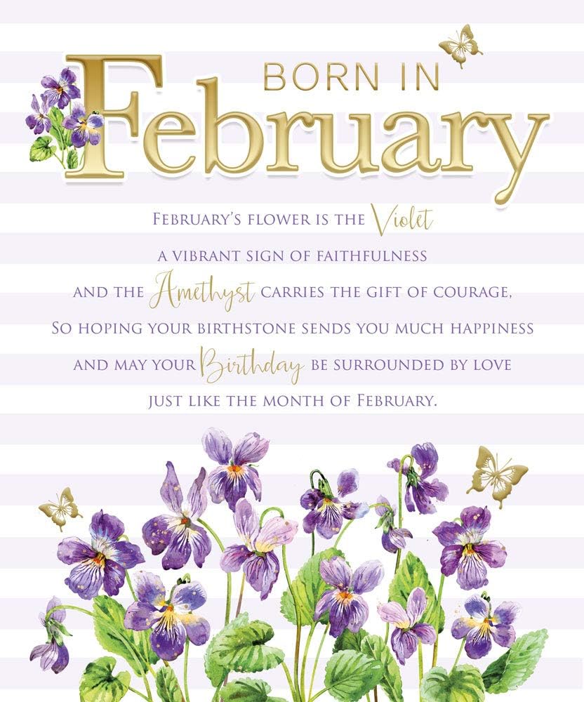 Born In February Female Violet & Word Design Happy Birthday Card Lovely ...