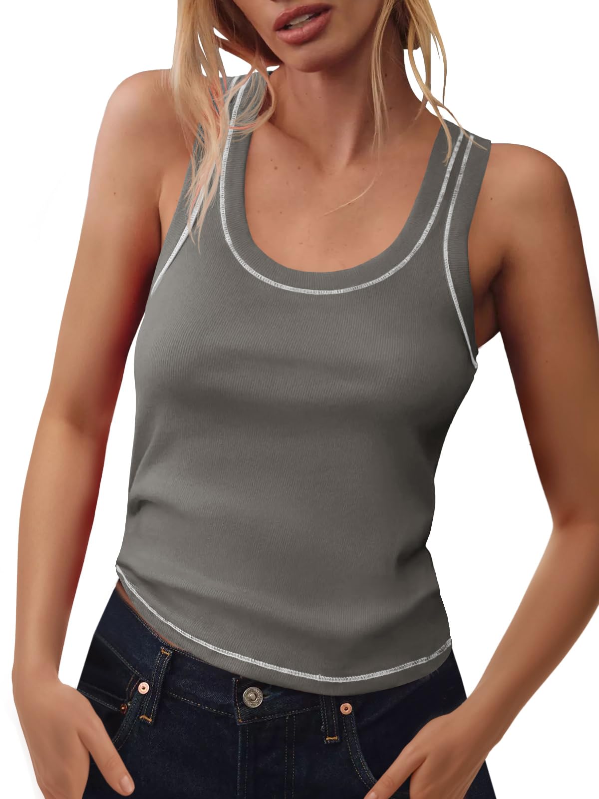 Tankaneo Womens Summer Ribbed Tank Top Casual Ringer Scoop Neck ...