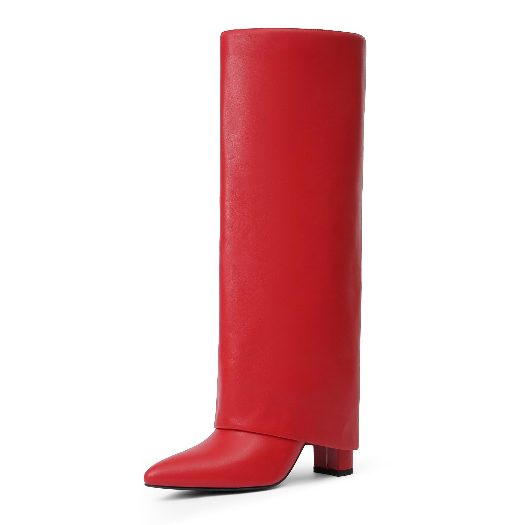 Modatope Red Shark Knee High Boots for Women Chunky Heel Fold Over Knee ...