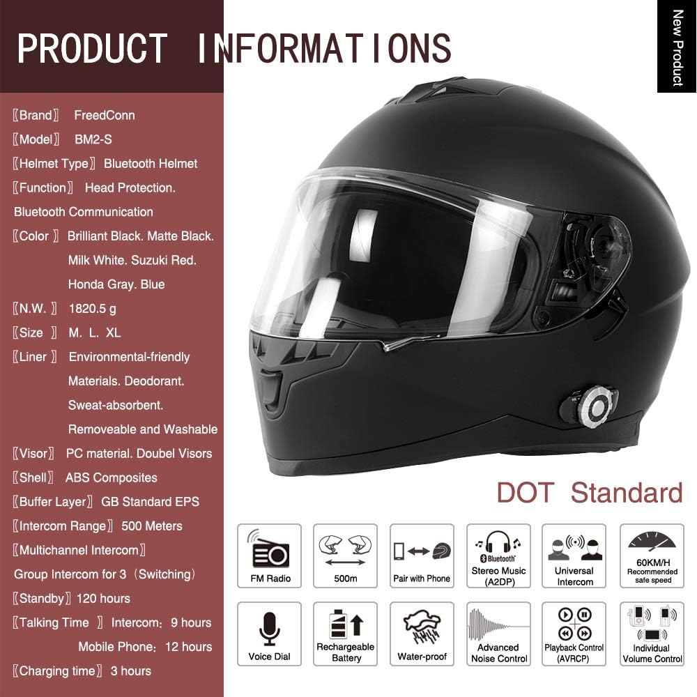 Motorcycle Bluetooth Helmet, FreedConn BM22 Full Face Built-in Intercom ...