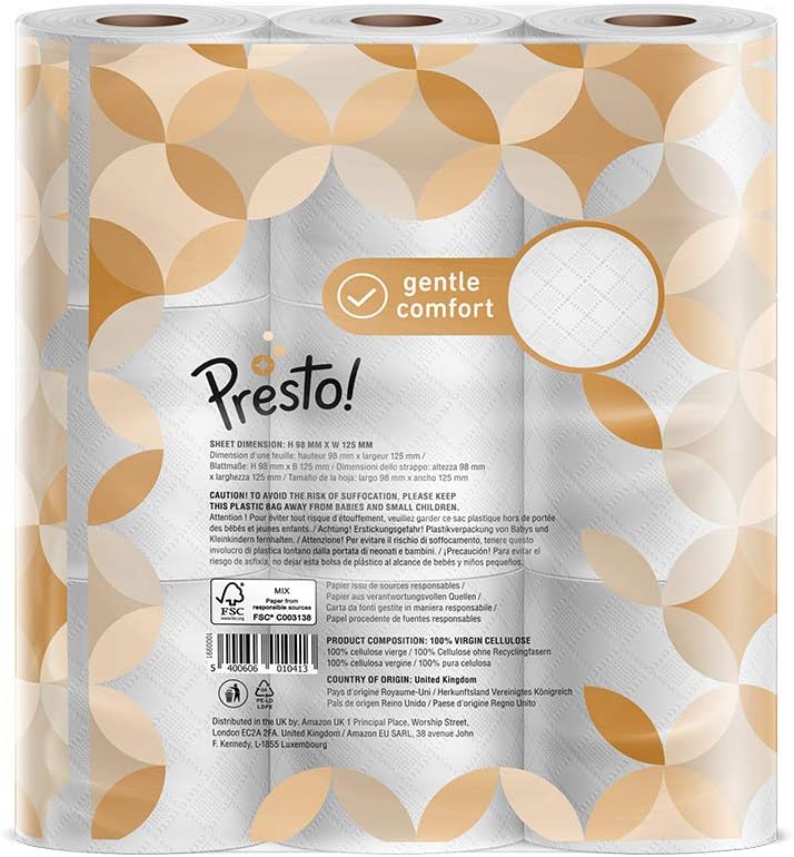 Amazon Brand – Presto! 2-Ply Embossed Toilet Tissues Rolls, 45 each ...