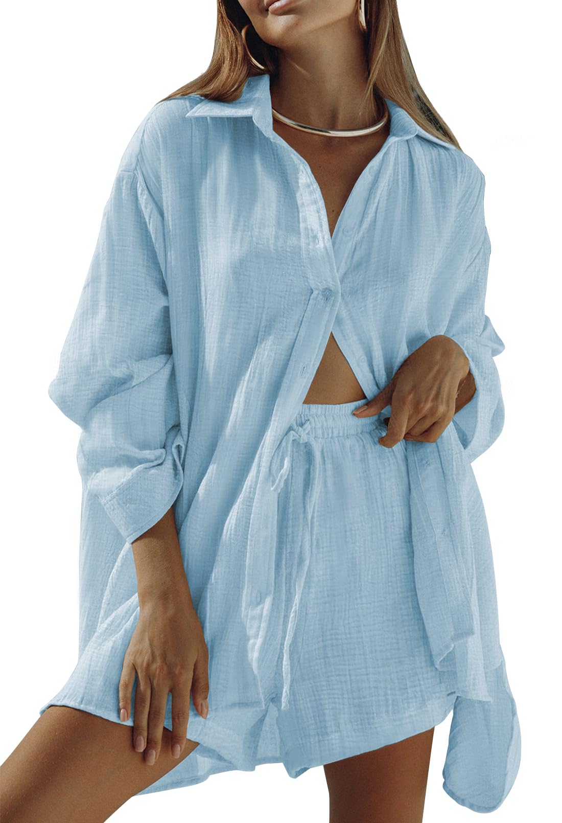 Fixmatti Shorts Sets Women 2 Piece Outfits Button up Blouse Top High Waist Shorts Loose ...