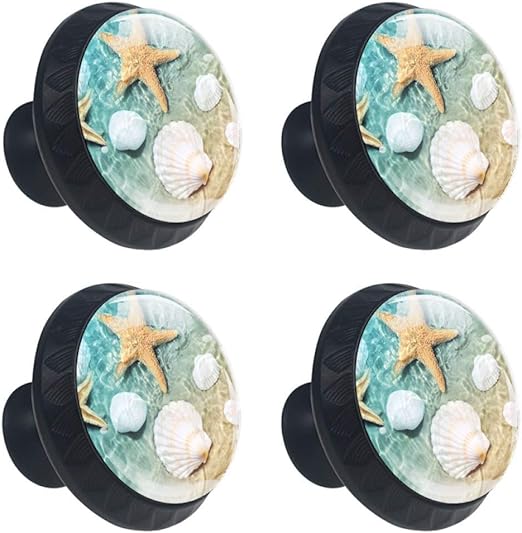 4 Pcs 35mm Beach Starfish Seashell Cabinet Knobs Round Crystal Glass Drawer Handles Pull with ...