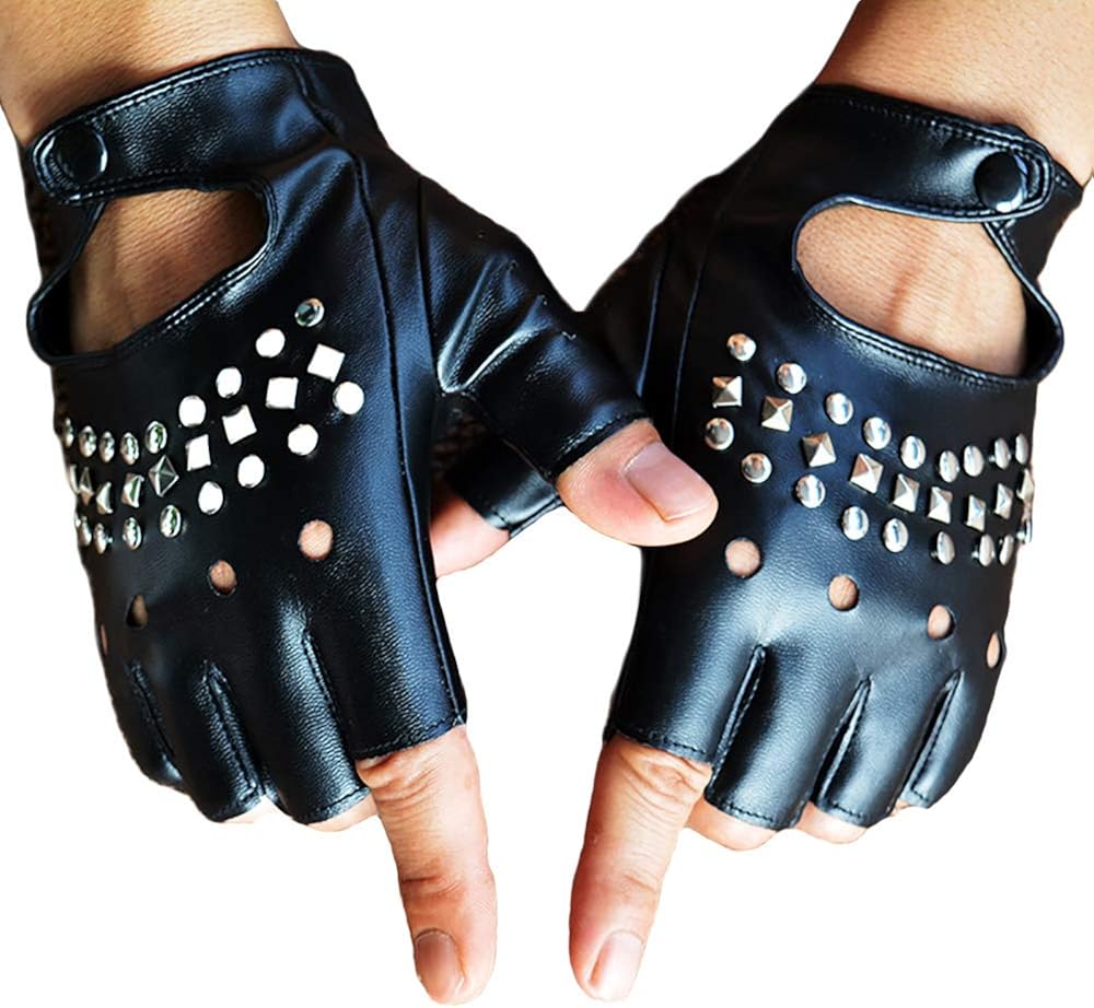 Amazon.com: YAIKOAI Men Gothic Fingerless Biker Gloves Punk Rock Half ...