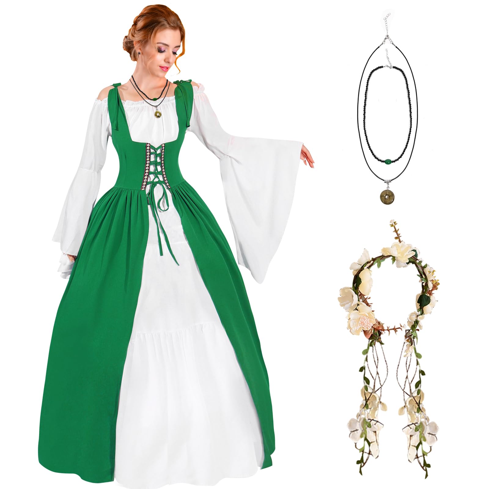 Women Renaissance Costume Medieval Over Dress Chemise Boho Set High ...
