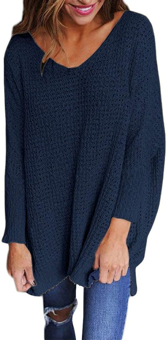 AKQITHJK Suéter de Mujer Jerséis de Punto, Azul Marino con Cuello en V ...