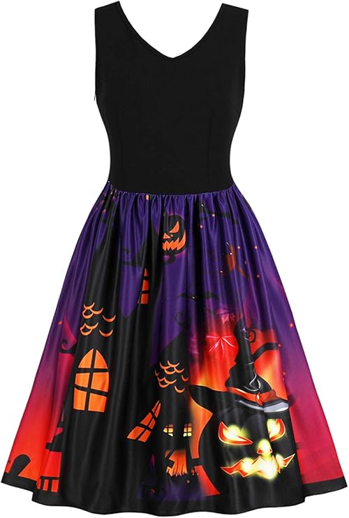 Uhnice Women Halloween Prom Dress V Neck Castle Pumpkin Cats Bats ...