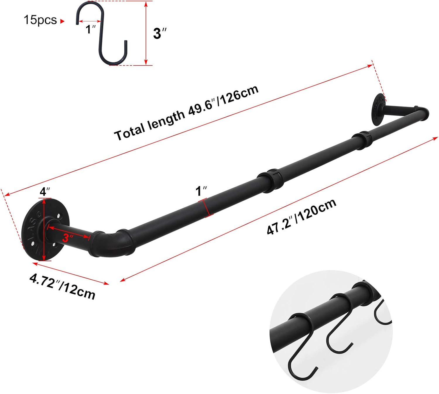 TLBTEK 127cm Black Pipe Pot Bar Rack Wall Mounted Detachable Pans ...