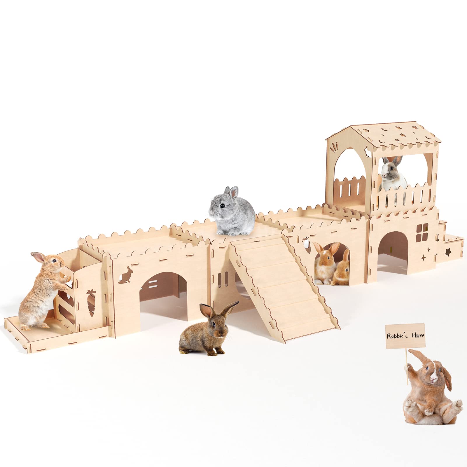 Woiworco Extra Large Wooden Rabbit Hideout, 5 Rabbit Houses Castle ...